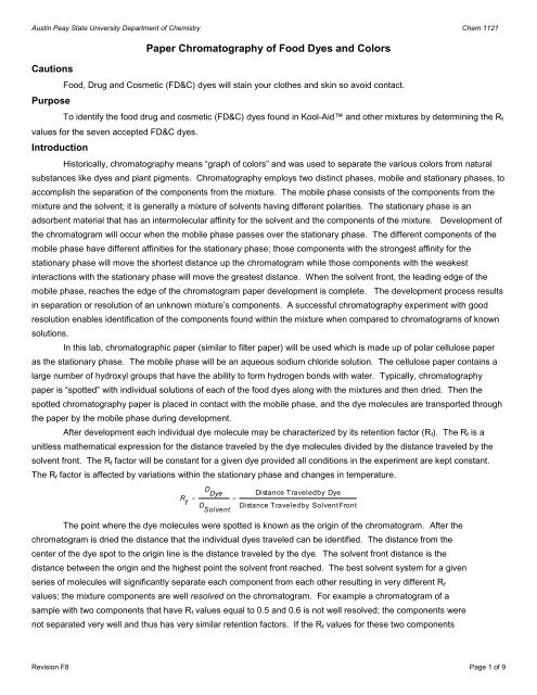 Paper Chromatography of Food Dyes and Colors - Austin Peay ...