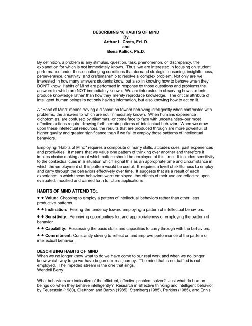 DESCRIBING 16 HABITS OF MIND By Arthur L. Costa, Ed. D. and ...