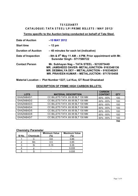 TATA STEEL/ LP/ PRIME BILLETS / MAY 2012 - Metaljunction