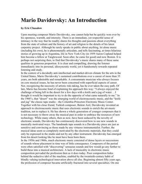 Mario Davidovsky: An Introduction - Eric Chasalow