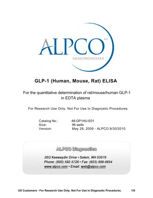 GLP-1 (Human, Mouse, Rat) ELISA - ALPCO Diagnostics