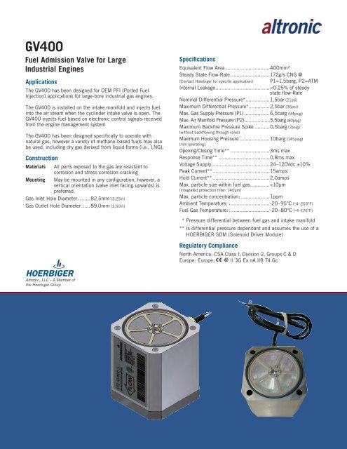 GV400: Fuel Adm. Valve: Large Industrial Engines - Altronic Inc.