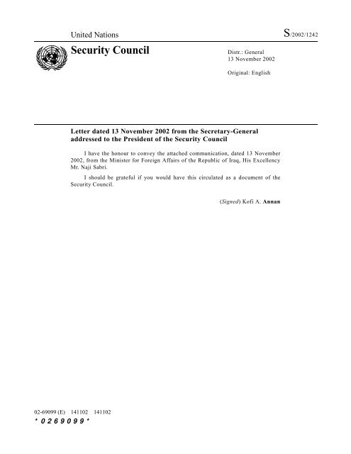 Letter to the UN Accepting UNSC Resolution 1441 - Iraq Watch