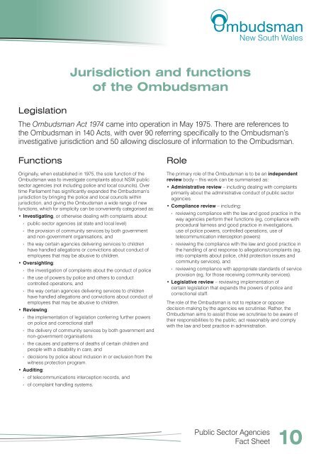 10 Jurisdiction and functions of the Ombudsman - NSW Ombudsman