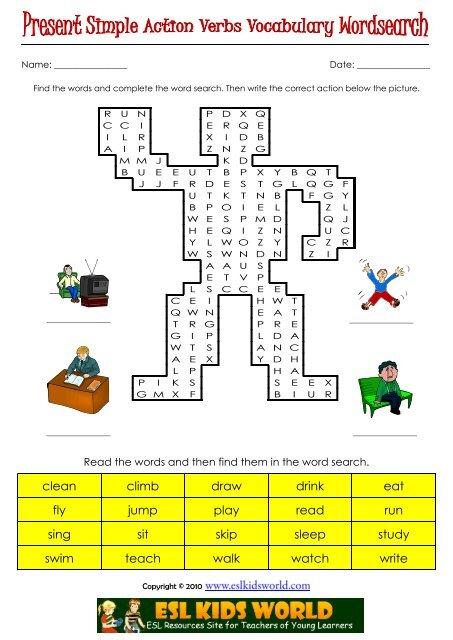 Action Verbs Present Simple Wordsearch ESL Kids World Action Verbs Present Simple Wordsearch ESL Kids World