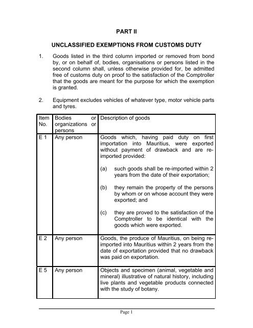 PART II UNCLASSIFIED EXEMPTIONS FROM CUSTOMS DUTY
