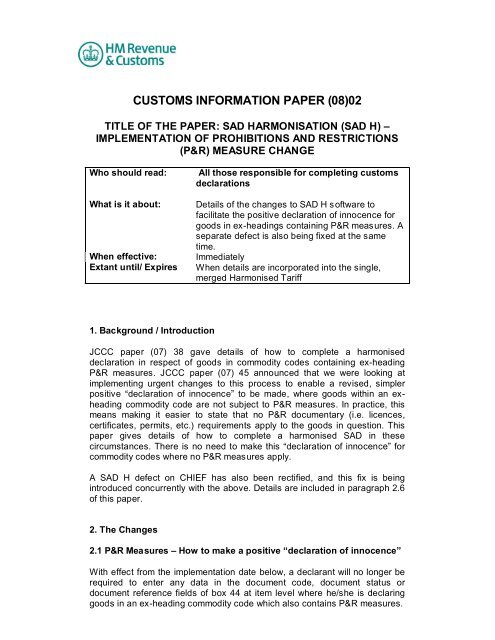 CUSTOMS INFORMATION PAPER (08)02