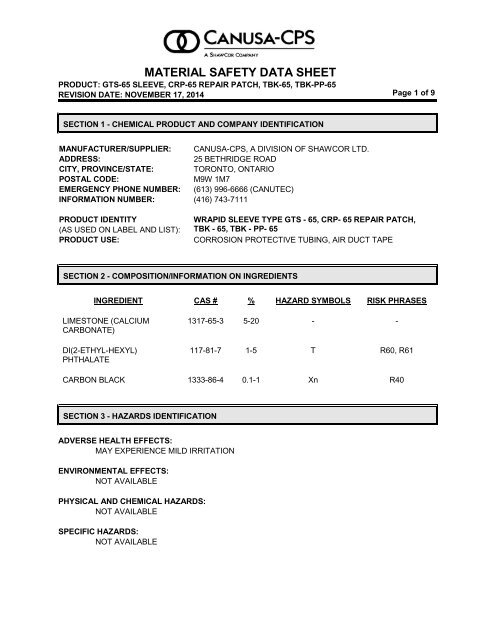 MATERIAL SAFETY DATA SHEET - Canusa-CPS