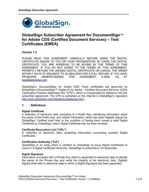 GlobalSign Subscriber Agreement for DocumentSign â ¢ Digital ID ...