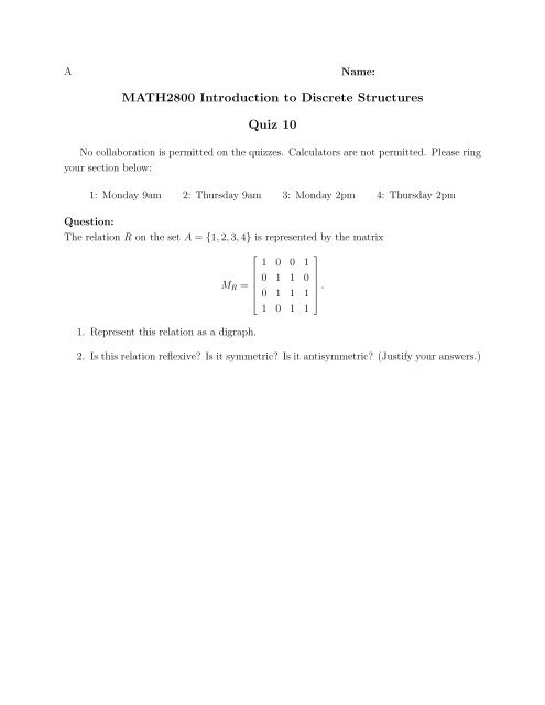 Math2800 Introduction To Discrete Structures Quiz 10