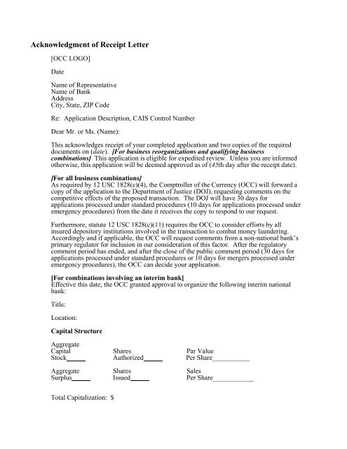 Acknowledgment of Receipt Letter - OCC