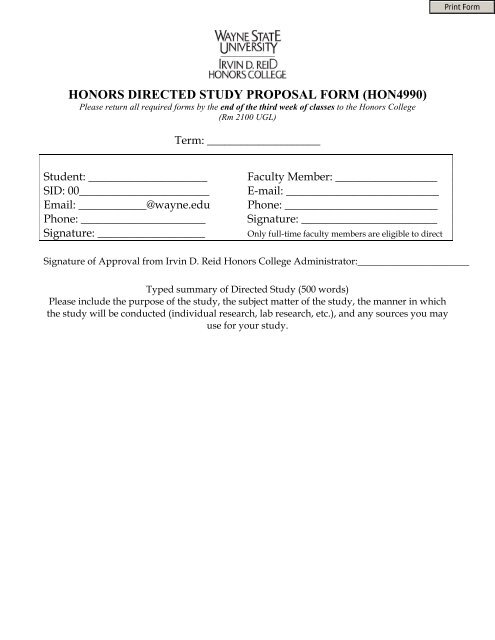 Honors Directed Study Form (pdf) - Irvin D. Reid Honors College