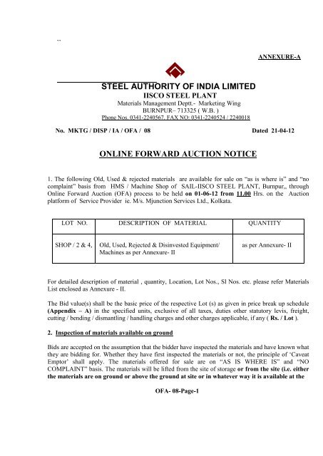 steel authority of india limited online forward auction ... - Metaljunction