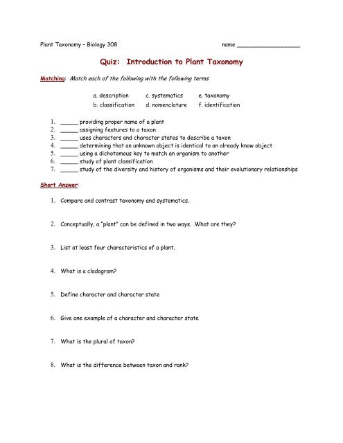 Quiz: Introduction to Plant Taxonomy - Employees Csbsju