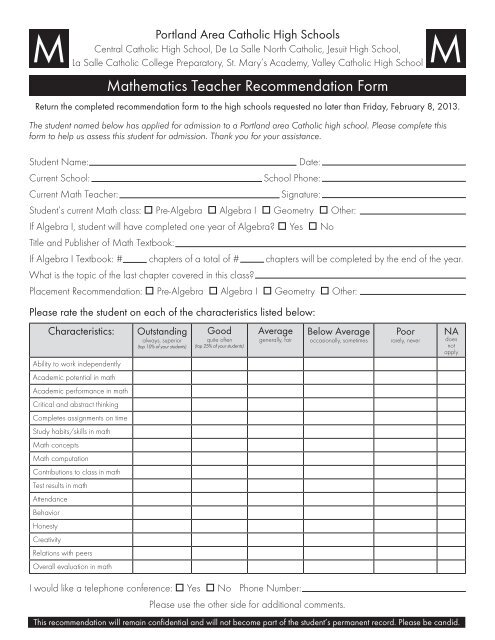 Math Teacher Recommendation Form - Jesuit High School