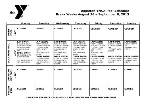 Appleton YMCA Pool Schedule Break Weeks August 26 ...