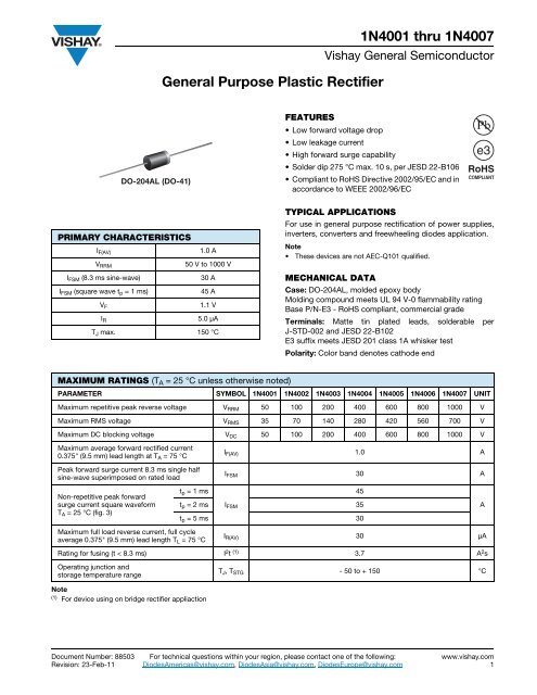 1N4001 thru 1N4007 Datasheet - Vishay