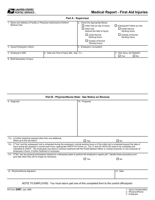 PS Form 2491, Medical Report - First Aid Injuries - APWU