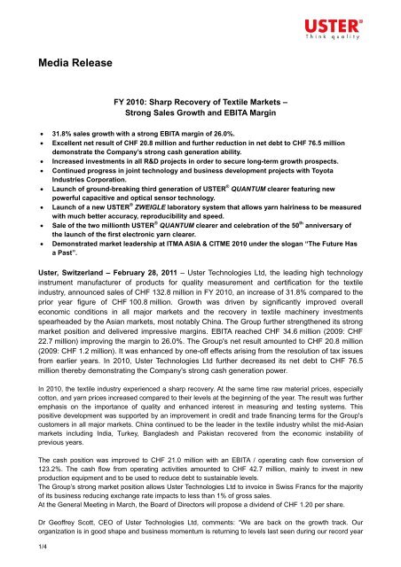 Press Release. - Uster Technologies