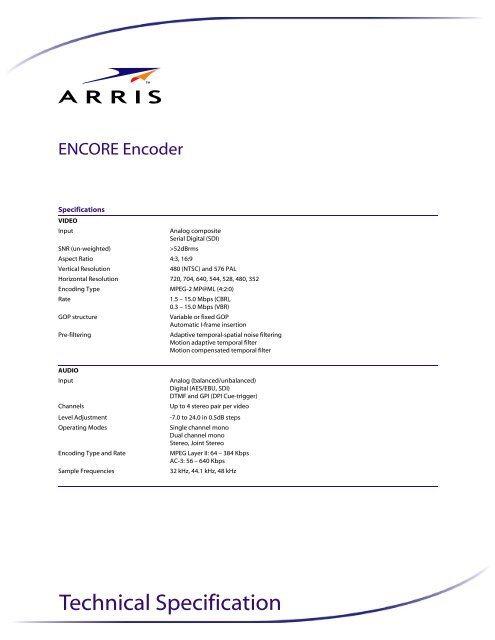 ENCORE Encoder Technical Specification - Arris