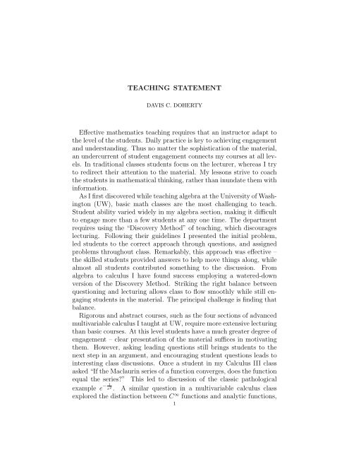 TEACHING STATEMENT Effective mathematics teaching requires ...