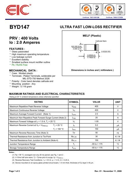 BYD147 ULTRA FAST LOW-LOSS RECTIFIER PRV - EIC