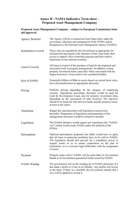 Annex H - NAMA Indicative Term sheet â Proposed Asset ...