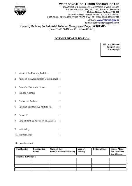 Application form for PIU Staff - West Bengal Pollution Control Board