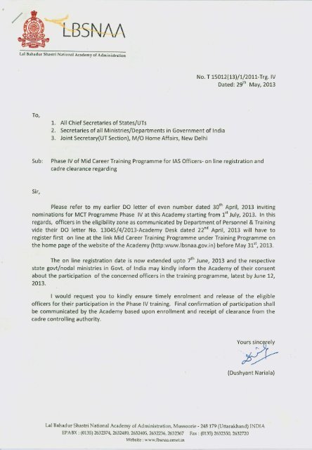 2nd Letter from LBSNAA for Nomination of MCTP Phase-IV round 8 ...