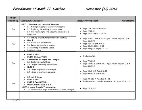 Foundations of Math 11 Timeline Semester (II) 2013 - St John Brebeuf