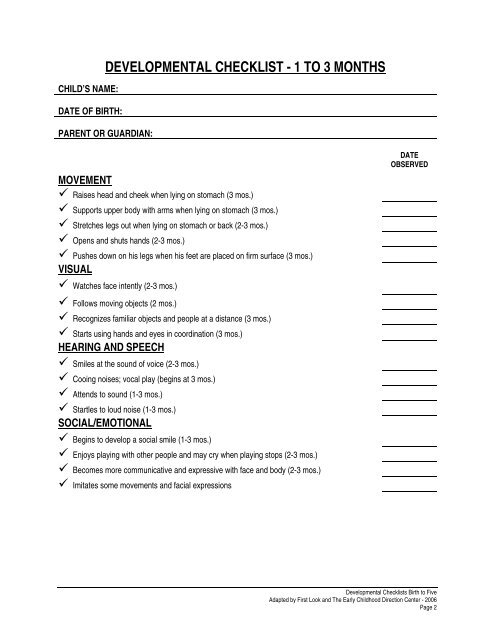 DEVELOPMENTAL CHECKLIST