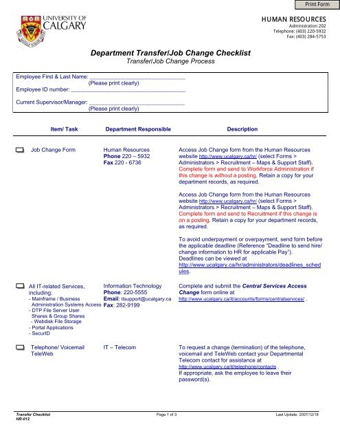Transfer/Job Change Checklist - Faculty of Medicine