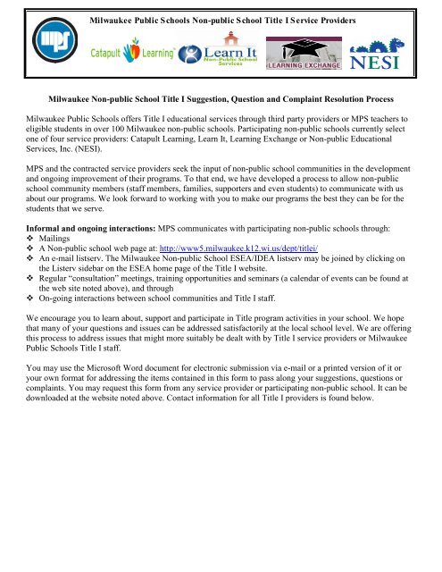 Complaint Resolution Process Form - Milwaukee Public Schools