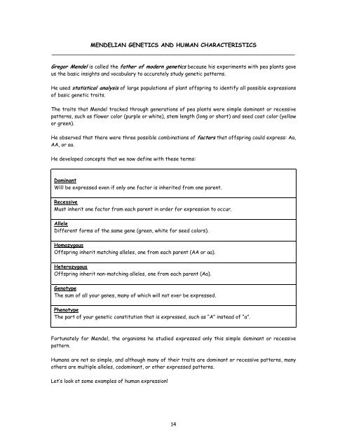 MENDELIAN GENETICS AND HUMAN CHARACTERISTICS