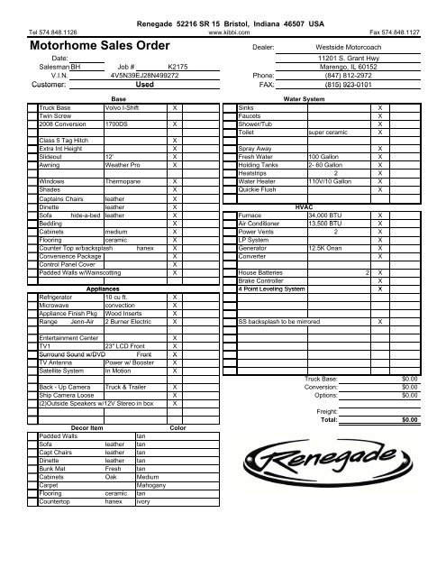 Motorhome Sales Order - Westside Motorcoach