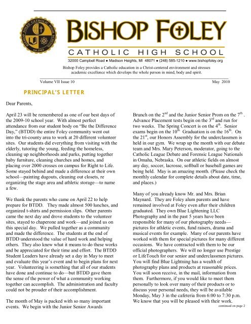 PRINCIPAL'S LETTER - Bishop Foley Catholic High School