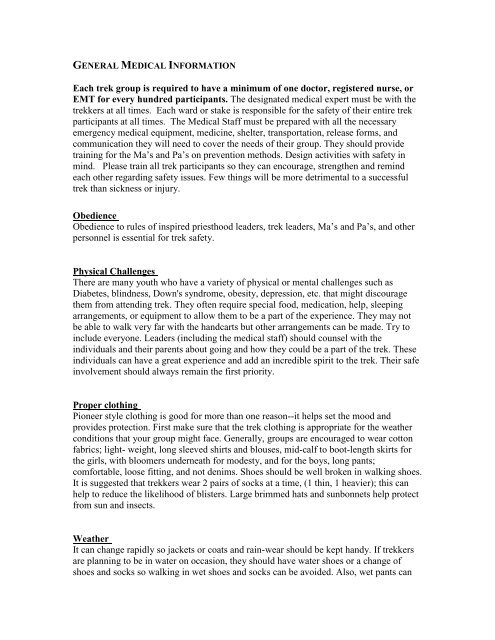 General Medical Information - Mormon Handcart Trek