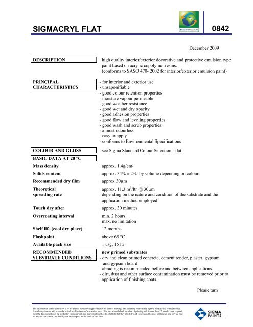 SIGMACRYL FLAT 0842 - SIGMA PAINTS