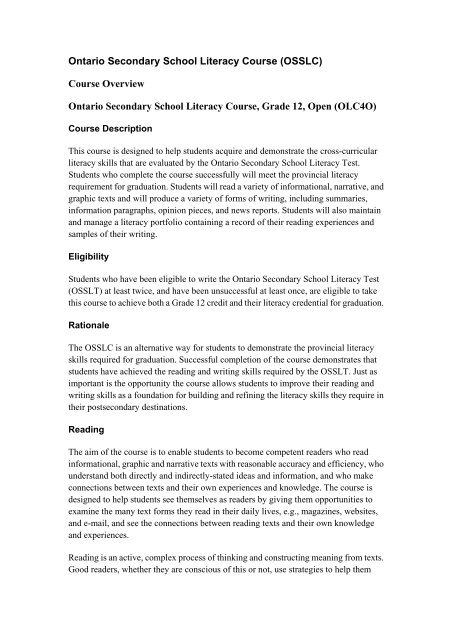 Ontario Secondary School Literacy Course (OSSLC) Course ...