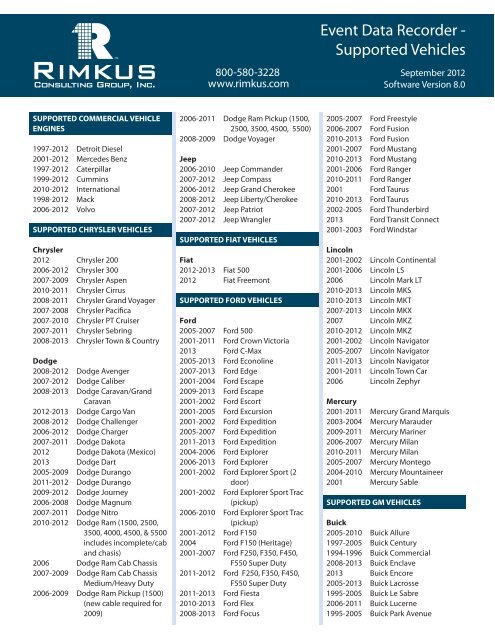 Event Data Recorder Vehicle List 2012