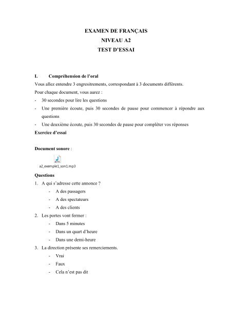 EXAMEN DE FRANCAIS A2 PrÃ³bny