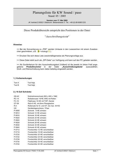 Planungsliste für KW Sound / paso - IBS Akustik