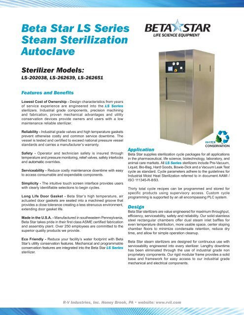 Beta Star LS Series Steam Sterilization Autoclave - RV Industries