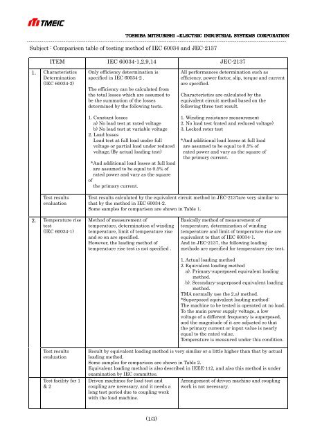 Comparison Table of Testing Method of IEC 60034 and JEC-2137