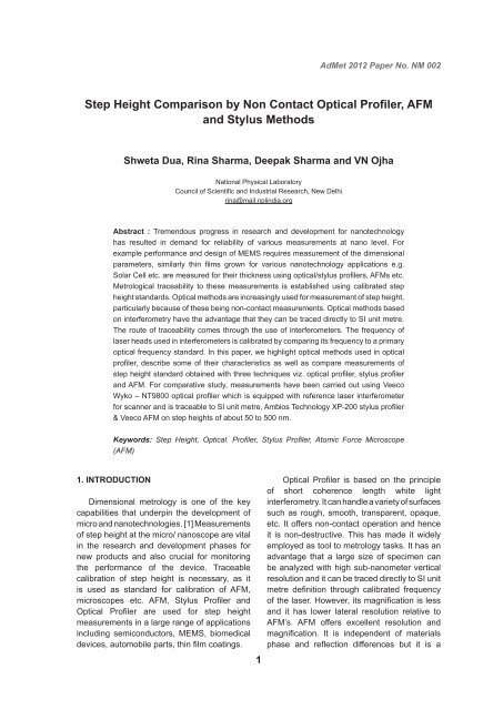 Step Height Comparison by Non Contact Optical Profiler, AFM and ...