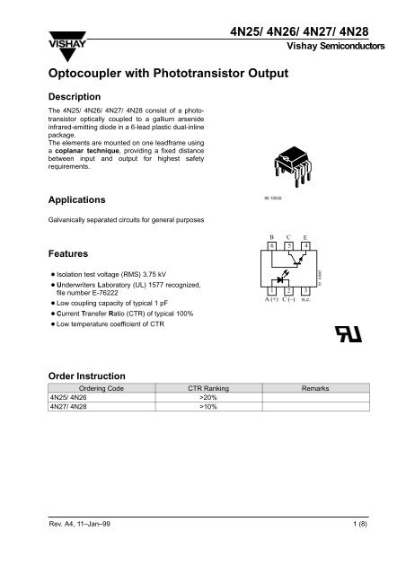 4N25/ 4N26/ 4N27/ 4N28 Optocoupler with Phototransistor Output