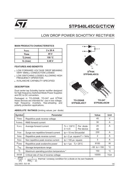 LOW DROP POWER SCHOTTKY RECTIFIER - STMicroelectronics