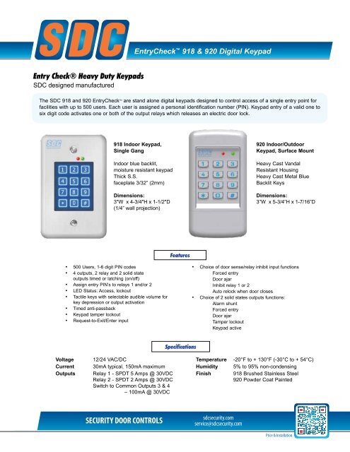 SDC 918 and 920 Digital Keypad.pdf - Access Hardware Supply