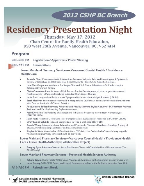 Residency Presentation Night - CSHP-BC Branch