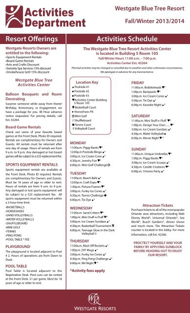 Activities Schedule Resort Offerings - Westgate Blue Tree Resort